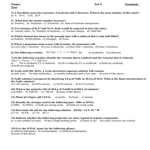 Terminal test | DOC | Chemistry | Science