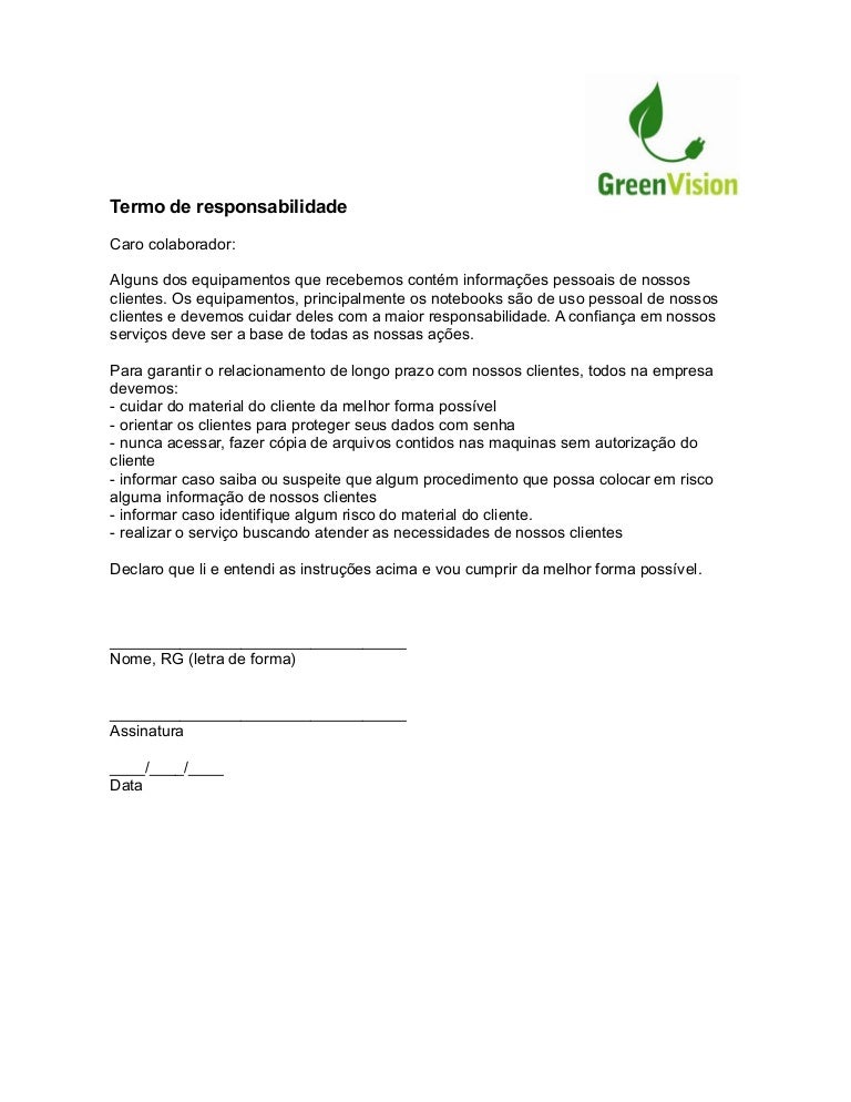Modelo De Termo De Responsabilidade