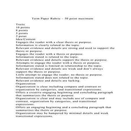 Term Paper Rubric – 50 point maximum Traits10 points8 po.docx