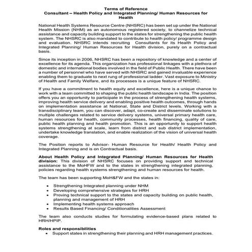 Terms of Reference-Consultant – Health Policy and Integrated Planning ...