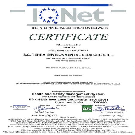 Terra environmental ohsas - certificat - iqnet | PDF