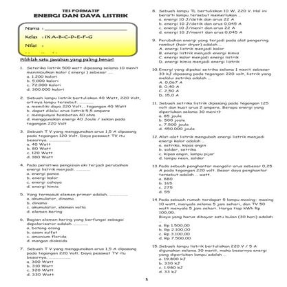 Tes Formatif Energi & Daya Listrik | PDF