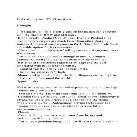 Tesla Motors Inc. SWOT AnalysisStrengths -The quality of .docx ...