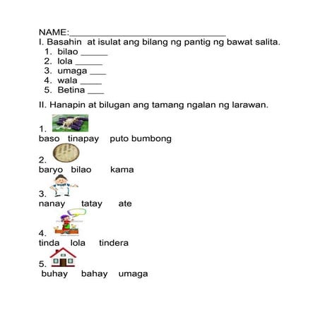 grade 1 weekly test quarter 1 week 5 | DOCX