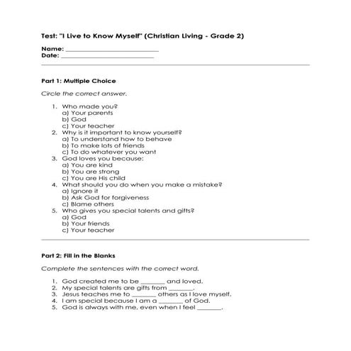 CHRISTIAN LIVING TEST SAMPLE GRADE 2 LEVEL | DOCX