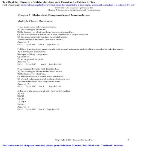 Test Bank for Chemistry A Molecular Approach Canadian 1st Edition by ...
