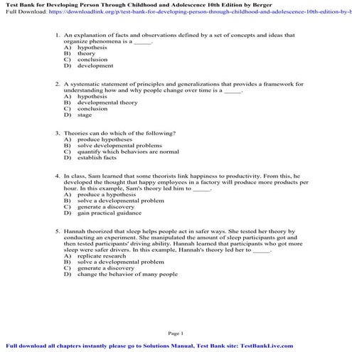 Test Bank for Developing Person Through Childhood and Adolescence 10th ...