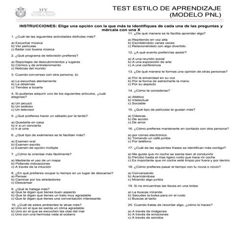 Test estilo-deaprendizajes | PDF