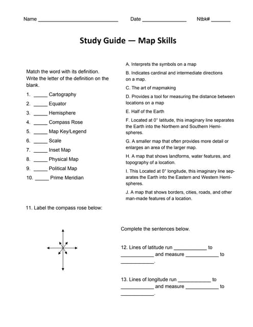 Map Skills - Study Guide (KEY) | PDF