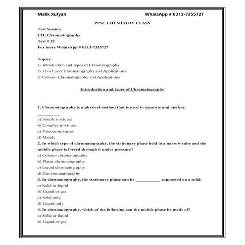 PPSC Chemistry Lecturer Preparation (Test # 22)- Malik Xufyan | PDF