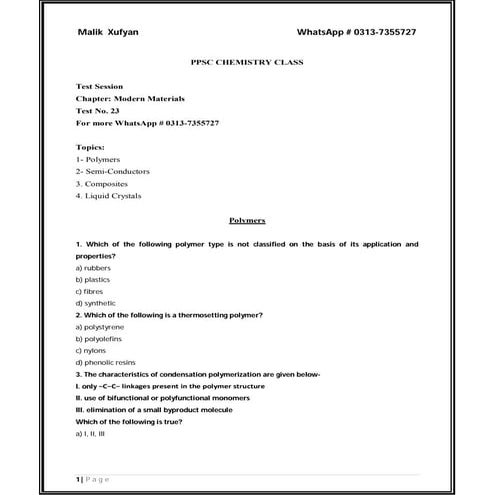PPSC Chemistry Lecturer Preparation (Test # 23)- Malik Xufyan | PDF