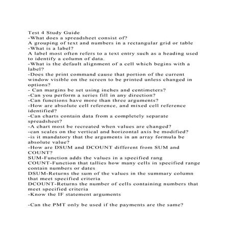 Test 4 Study Guide-What does a spreadsheet consist ofA groupi.docx