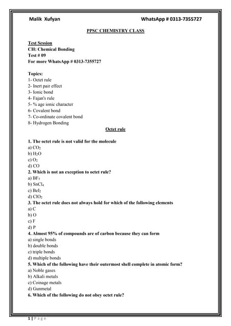 PPSC Chemistry Lecturer Preparation (Test # 20)- Malik Xufyan | PDF