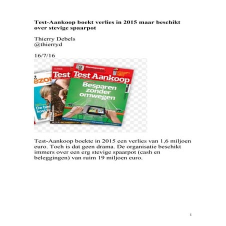 Test-Aankoop boekt verlies in 2015 maar beschikt over stevige spaarpot ...
