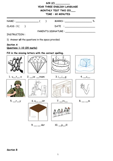 Year 3 Monthly Test 1 KSSR (Unit 1 - Unit 3) | PDF