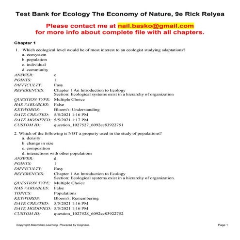 test bank Ecology The Economy of Nature, 9e Rick Relyea test bank.pdf ...