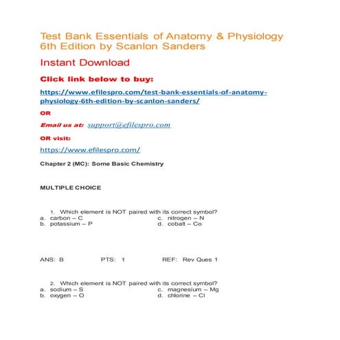 Test bank essentials of anatomy physiology 6th edition by scanlon ...