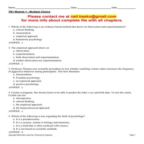 test bank Exploring Psychology in Modules,12e David Myers, Nathan ...