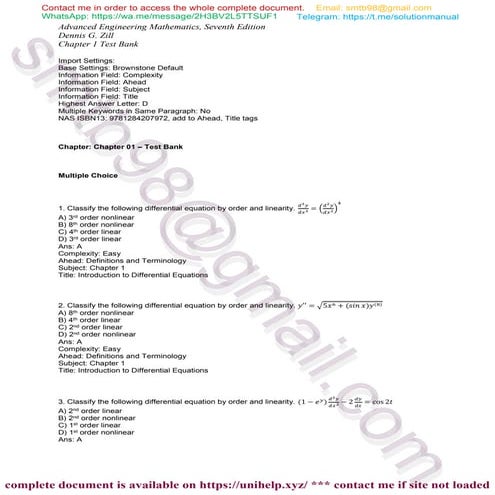 Question Bank for Advanced Engineering Mathematics 7th Edition by ...
