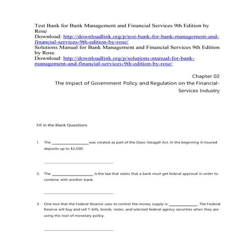 Test Bank for Bank Management and Financial Services 9th Edition by ...
