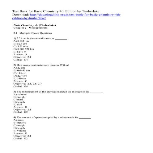 Test Bank for Basic Chemistry 4th Edition by Timberlake | PDF | Physics ...