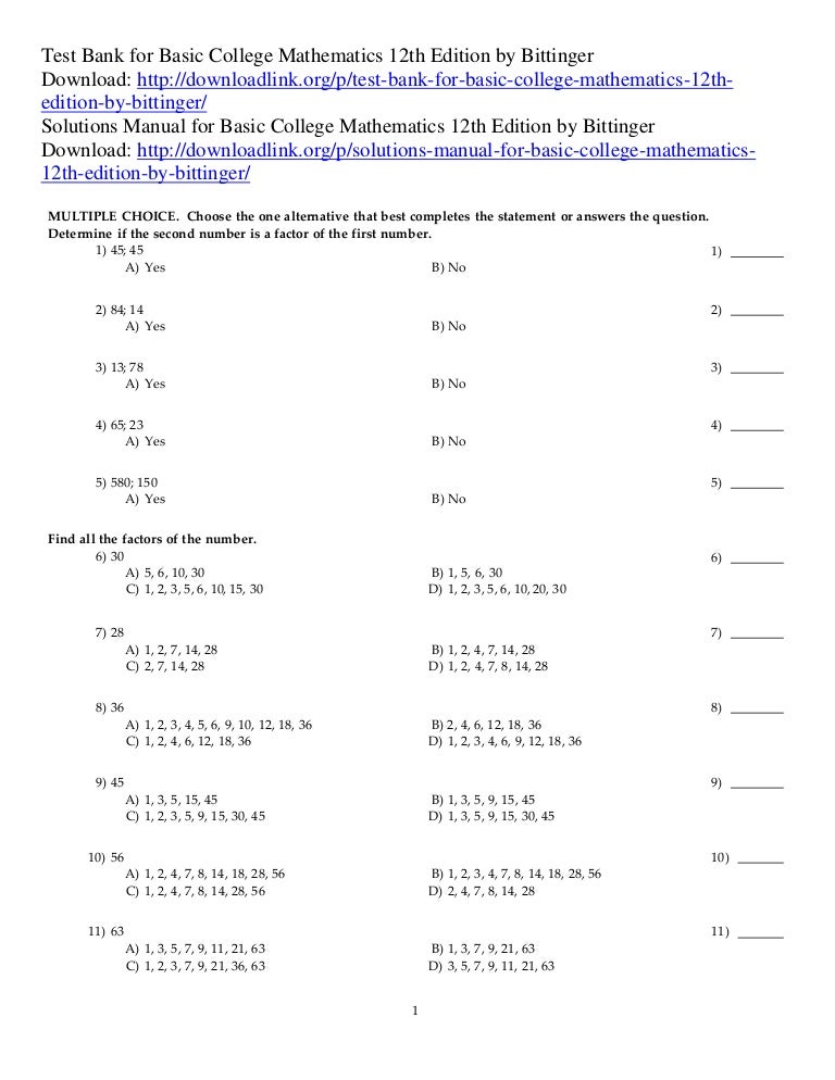 Test Bank for Basic College Mathematics 12th Edition by Bittinger