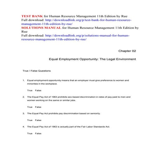 Test bank for human resource management 11th edition by rue | PDF