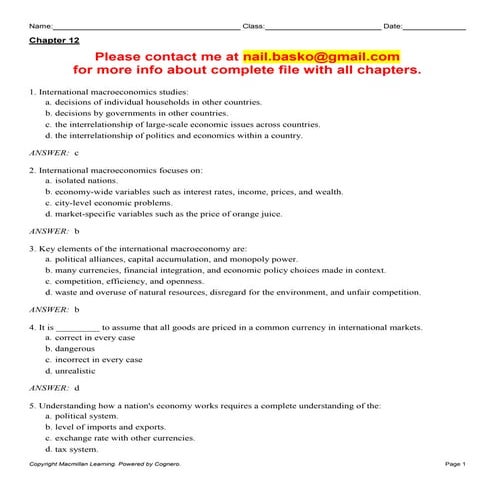 test bank International Economics, 5e Robert Feenstra, Alan Taylor test ...
