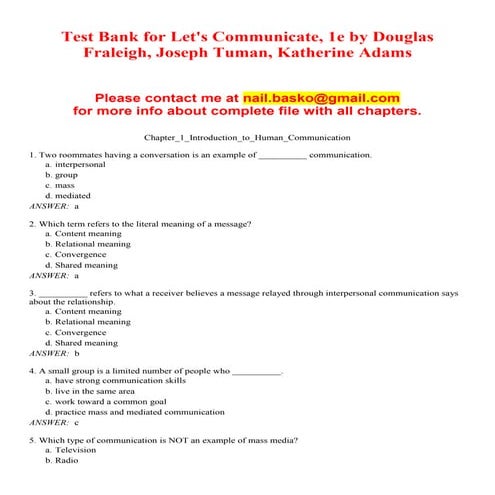 test bank Let's Communicate, 1e by Douglas Fraleigh, Joseph Tuman ...