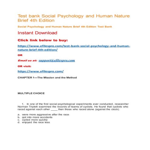 Test bank social psychology and human nature brief 4th edition | DOCX