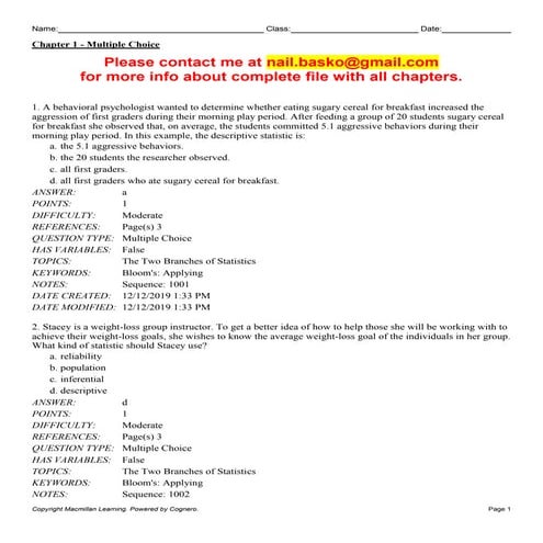 test bank Statistics for the Behavioral Sciences, 5e Susan Nolan ...