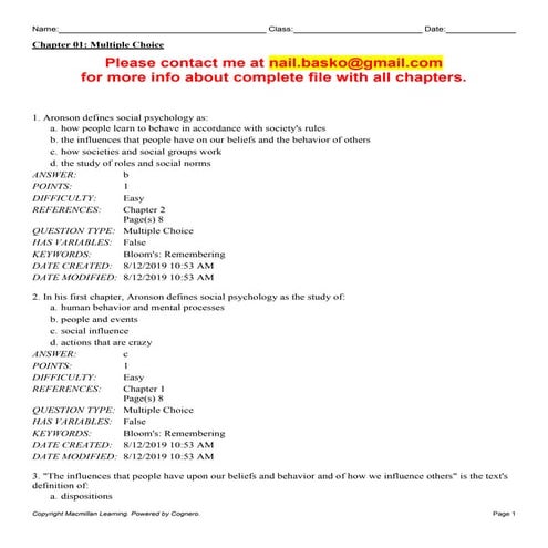 test bank The Social Animal, 12e Elliot Aronson, Joshua Aronson test ...