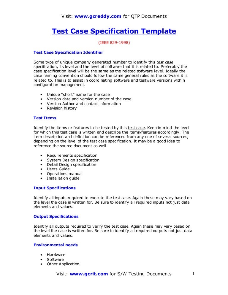 Test Case Specification Template test-case-specification-template