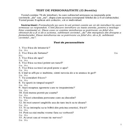 Test de personalitate (g.bontila) | PDF