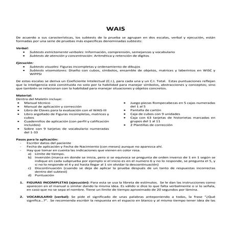 WAIS IV APLICACIÓN Y ANÁLISIS de cada subpruebas | PPT