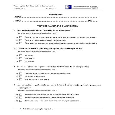 Teste diagnostico tic 9 e | DOCX