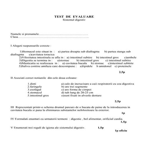 Test evaluare digestie | DOC