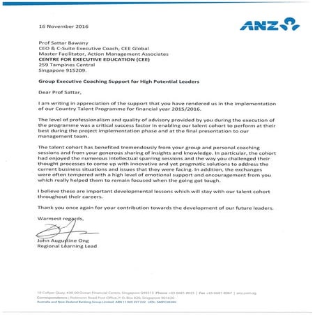 Testimonial from ANZ Bank on Group Executive Coaching - 16 Nov 2016 | PDF