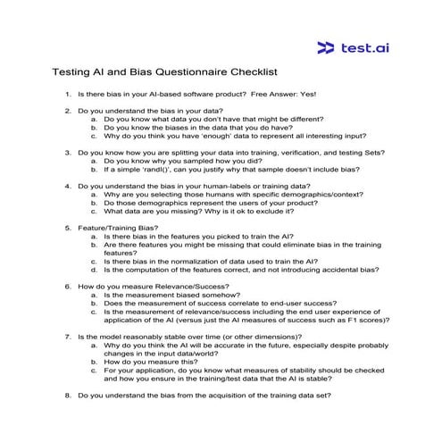 Testing AI and Bias Questionnaire Checklist | PDF