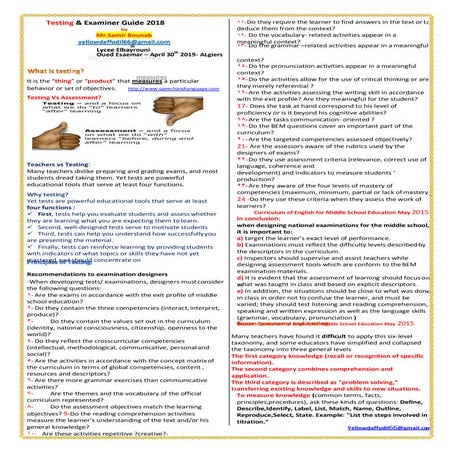Testing & examiner guide 2018 teacher's hand out oued semar a lgiers | PDF