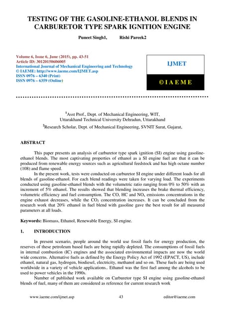 Simulation Study on Single Cylinder Spark Ignition Engine with Varying Ethanol Gasoline Blends | PDF