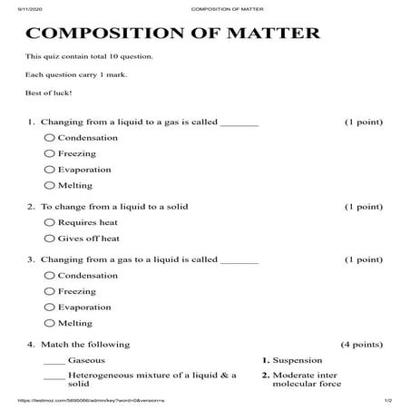 composition of matter - Quiz | PDF | Chemistry | Science
