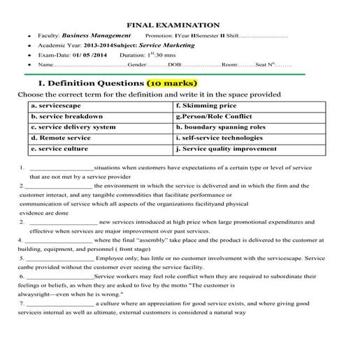 Test paper final test marketing for services semes 2 | DOCX ...