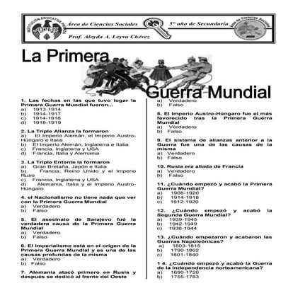 Hojas De Trabajo De La Primera Guerra Mundial Primera Guerra