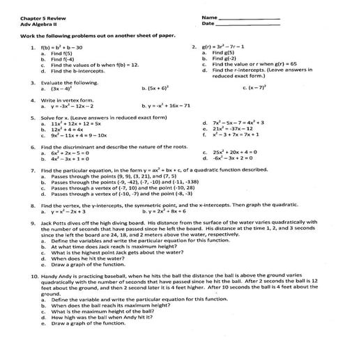 Chapter 5 Test Review - Quadratics | PDF