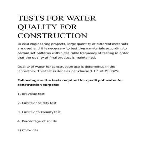 Tests for water quality for construction | DOCX