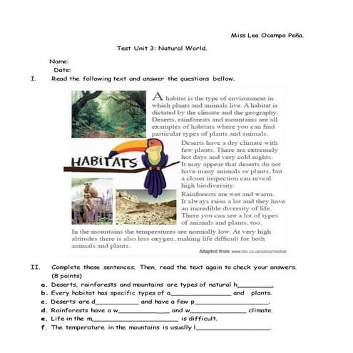 Test unit 3 world (Reading) Lea Ocampo | DOCX