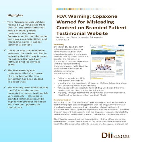 RTC POVs: FDA Warning Letter for Copaxone, March 2012 | PDF