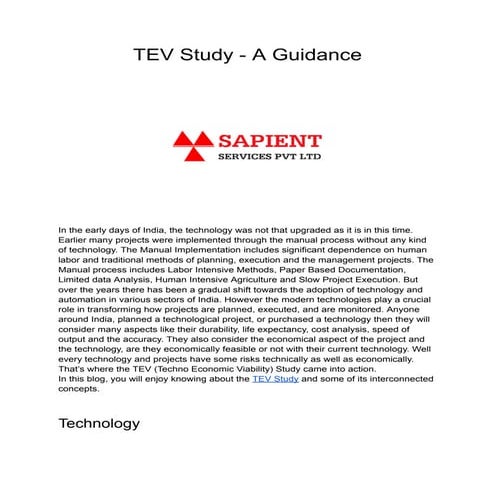 TEV Study (Techno Economic Viability) - A Guidance | PDF