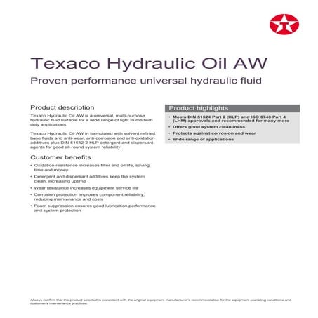 Olio Idraulico - Texaco Hydraulic Oil AW - Fornid | PDF